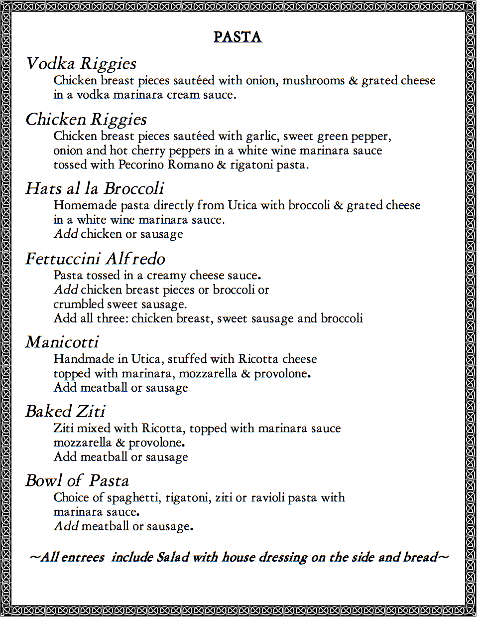 Billy’s Menu | Billy's Restaurant